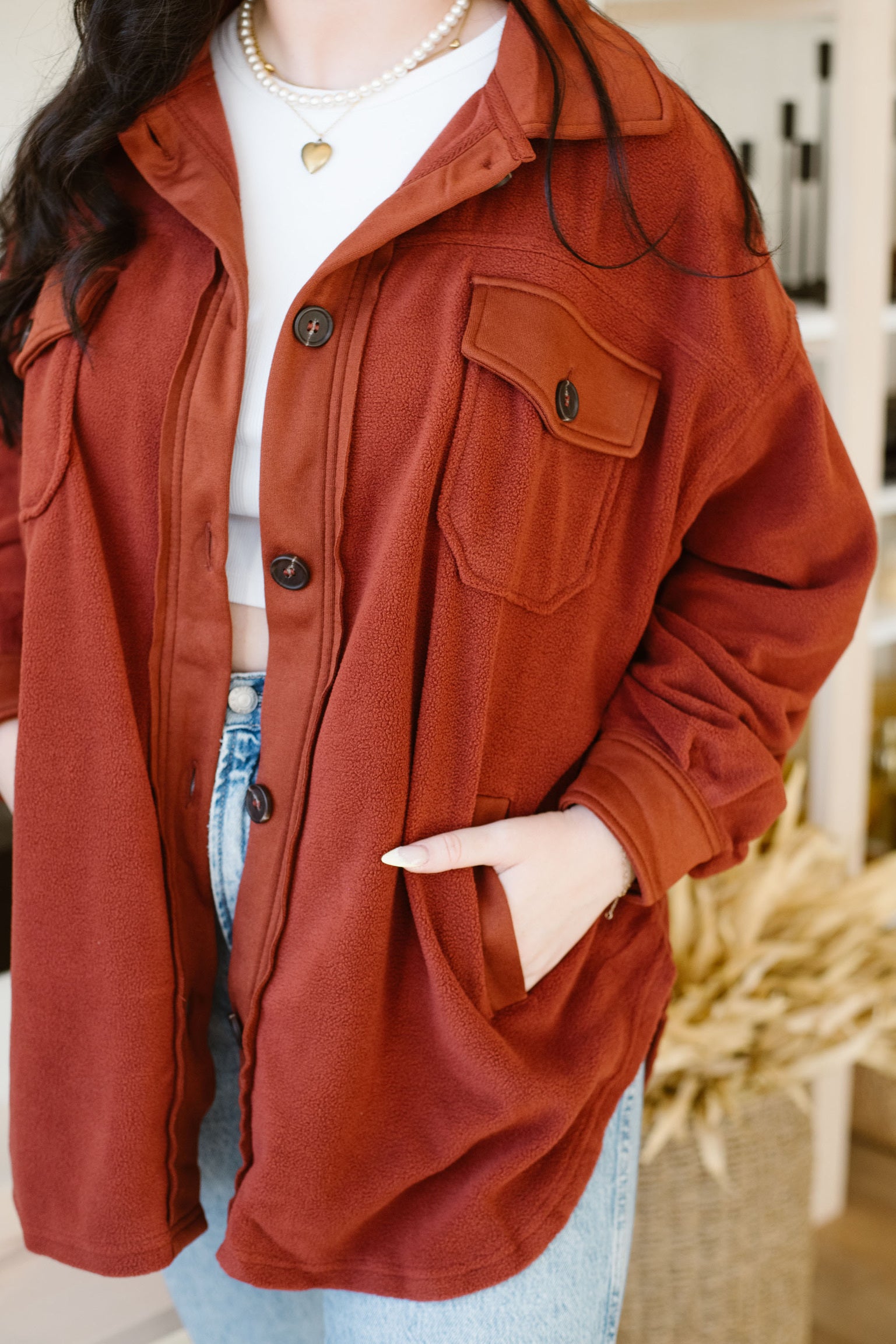 Bethany Oversized Basic Fleece Shacket | Dark Rust | W | R Home Company & WR Littles Co.